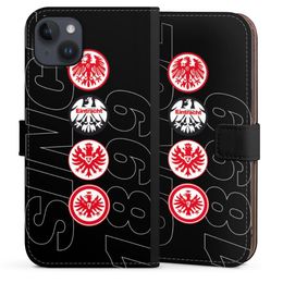 DeinDesign iPhone 14 Plus Handy Klapph&uuml;lle Handyh&uuml;lle aus Kunst Leder schwarz Flip Case Eagle Logo Eintracht Frankfurt Sideflip mit langer Lasche