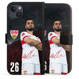 DeinDesign iPhone 14 Plus Handy Klapph&uuml;lle Handyh&uuml;lle aus Kunst Leder schwarz Flip Case Official Licensed Product Deniz Undav Vfb Stuttgart Sideflip mit langer 