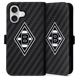 DeinDesign iPhone 16 Handy Klapph&uuml;lle Handyh&uuml;lle aus Kunst Leder schwarz Flip Case Borussia M&ouml;nchengladbach Carbon Gladbach Sideflip mit Lasche