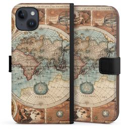 DeinDesign iPhone 14 Plus Handy Klapph&uuml;lle Handyh&uuml;lle aus Kunst Leder schwarz Flip Case Vintage Map World Map Sideflip mit langer Lasche