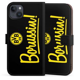 DeinDesign iPhone 14 Plus Handy Klapph&uuml;lle Handyh&uuml;lle aus Kunst Leder schwarz Flip Case Borussia Dortmund Bvb Soccer Sideflip mit langer Lasche
