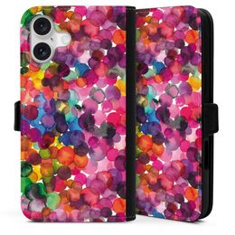 DeinDesign iPhone 16 Plus Handy Klapph&uuml;lle Handyh&uuml;lle aus Kunst Leder schwarz Flip Case Water Colour Colourful Points Sideflip mit Lasche