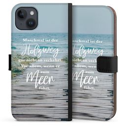 DeinDesign iPhone 14 Plus Handy Klapph&uuml;lle Handyh&uuml;lle aus Kunst Leder schwarz Flip Case Statement Beach Spruch Sideflip mit langer Lasche
