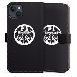 DeinDesign iPhone 14 Plus Handy Klapph&uuml;lle Handyh&uuml;lle aus Kunst Leder schwarz Flip Case Logo Eintracht Frankfurt Eagle Sideflip mit langer Lasche