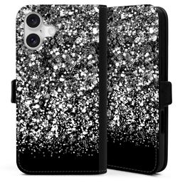 DeinDesign iPhone 16 Plus Handy Klapph&uuml;lle Handyh&uuml;lle aus Kunst Leder schwarz Flip Case Muster Snowflake Glitzer Sideflip mit Lasche