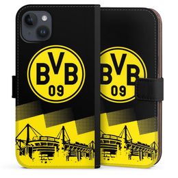 DeinDesign iPhone 14 Plus Handy Klapph&uuml;lle Handyh&uuml;lle aus Kunst Leder schwarz Flip Case Borussia Dortmund Stadium Bvb Sideflip mit langer Lasche