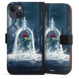 DeinDesign iPhone 14 Plus Handy Klapph&uuml;lle Handyh&uuml;lle aus Kunst Leder schwarz Flip Case Rose The Beauty And The Beast Disney Princess Sideflip mit langer Lasche