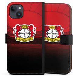 DeinDesign iPhone 14 Plus Handy Klapph&uuml;lle Handyh&uuml;lle aus Kunst Leder schwarz Flip Case Bayer 04 Leverkusen Official Licensed Product Stadium Sideflip mit langer