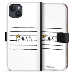 DeinDesign iPhone 14 Plus Handy Klapph&uuml;lle Handyh&uuml;lle aus Kunst Leder schwarz Flip Case Snoopy Dog Peanuts Sideflip mit langer Lasche