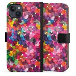 DeinDesign iPhone 14 Plus Handy Klapph&uuml;lle Handyh&uuml;lle aus Kunst Leder schwarz Flip Case Water Colour Colourful Points Sideflip mit langer Lasche