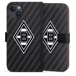DeinDesign iPhone 14 Plus Handy Klapph&uuml;lle Handyh&uuml;lle aus Kunst Leder schwarz Flip Case Borussia M&ouml;nchengladbach Carbon Gladbach Sideflip mit langer Lasche