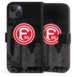 DeinDesign iPhone 14 Plus Handy Klapph&uuml;lle Handyh&uuml;lle aus Kunst Leder schwarz Flip Case Official Licensed Product Logo Fortuna D&uuml;sseldorf Sideflip mit langer 
