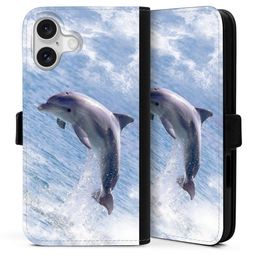 DeinDesign iPhone 16 Plus Handy Klapph&uuml;lle Handyh&uuml;lle aus Kunst Leder schwarz Flip Case Wale Ocean Dolphin Sideflip mit Lasche