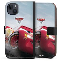 DeinDesign iPhone 14 Plus Handy Klapph&uuml;lle Handyh&uuml;lle aus Kunst Leder schwarz Flip Case Lightning Mcqueen 95 Official Licensed Product Cars Sideflip mit langer 