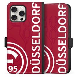 DeinDesign iPhone 15 Pro Max Handy Klapph&uuml;lle Handyh&uuml;lle aus Kunst Leder schwarz Flip Case Lettering F95 Fortuna D&uuml;sseldorf Sideflip mit Lasche