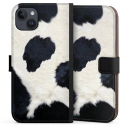DeinDesign iPhone 14 Plus Handy Klapph&uuml;lle Handyh&uuml;lle aus Kunst Leder schwarz Flip Case Animal Look Animal Print Cow Skin Sideflip mit langer Lasche