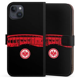 DeinDesign iPhone 14 Plus Handy Klapph&uuml;lle Handyh&uuml;lle aus Kunst Leder schwarz Flip Case Official Licensed Product Eintracht Frankfurt Stadium Sideflip mit langer