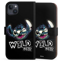 DeinDesign iPhone 14 Plus Handy Klapph&uuml;lle Handyh&uuml;lle aus Kunst Leder schwarz Flip Case Lilo & Stitch Disney Official Licensed Product Sideflip mit langer Lasche