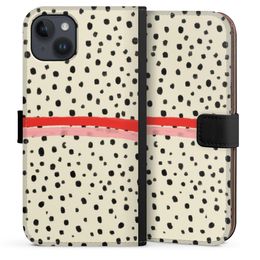 DeinDesign iPhone 14 Plus Handy Klapph&uuml;lle Handyh&uuml;lle aus Kunst Leder schwarz Flip Case Stripes Points Kunst Sideflip mit langer Lasche
