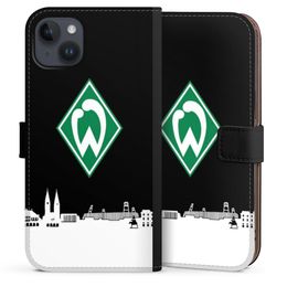 DeinDesign iPhone 14 Plus Handy Klapph&uuml;lle Handyh&uuml;lle aus Kunst Leder schwarz Flip Case Skyline Sv Werder Bremen Official Licensed Product Sideflip mit langer 