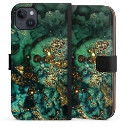 DeinDesign iPhone 14 Plus Handy Klapph&uuml;lle Handyh&uuml;lle aus Kunst Leder schwarz Flip Case Muster Glitzer Marble Sideflip mit langer Lasche