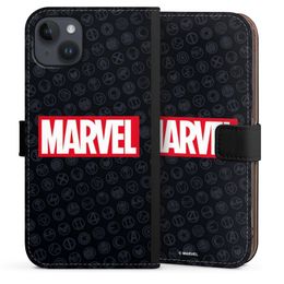 DeinDesign iPhone 14 Plus Handy Klapph&uuml;lle Handyh&uuml;lle aus Kunst Leder schwarz Flip Case Logo Marvel Comic Sideflip mit langer Lasche