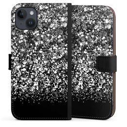 DeinDesign iPhone 14 Plus Handy Klapph&uuml;lle Handyh&uuml;lle aus Kunst Leder schwarz Flip Case Muster Snowflake Glitzer Sideflip mit langer Lasche