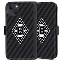 DeinDesign iPhone 13 Handy Klapph&uuml;lle Handyh&uuml;lle aus Kunst Leder schwarz Flip Case Borussia M&ouml;nchengladbach Carbon Gladbach Sideflip mit Lasche