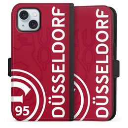 DeinDesign iPhone 15 Handy Klapph&uuml;lle Handyh&uuml;lle aus Kunst Leder schwarz Flip Case Lettering F95 Fortuna D&uuml;sseldorf Sideflip mit Lasche