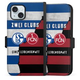 DeinDesign iPhone 15 Handy Klapph&uuml;lle Handyh&uuml;lle aus Kunst Leder schwarz Flip Case Friendship 1. Fc N&uuml;rnberg Fc Schalke 04 Sideflip mit Lasche