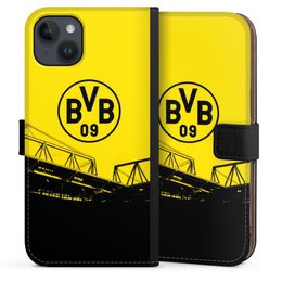 DeinDesign iPhone 14 Plus Handy Klapph&uuml;lle Handyh&uuml;lle aus Kunst Leder schwarz Flip Case Merchandise Bvb Borussia Dortmund Sideflip mit langer Lasche