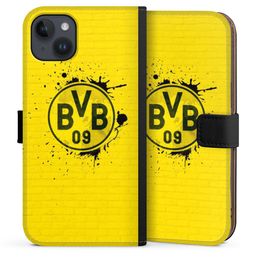 DeinDesign iPhone 14 Plus Handy Klapph&uuml;lle Handyh&uuml;lle aus Kunst Leder schwarz Flip Case Official Licensed Product Bvb Borussia Dortmund Sideflip mit langer 