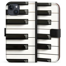 DeinDesign iPhone 14 Plus Handy Klapph&uuml;lle Handyh&uuml;lle aus Kunst Leder schwarz Flip Case Klavier Music Piano Sideflip mit langer Lasche