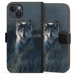 DeinDesign iPhone 14 Plus Handy Klapph&uuml;lle Handyh&uuml;lle aus Kunst Leder schwarz Flip Case Wolf Painting Nature Sideflip mit langer Lasche