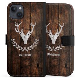 DeinDesign iPhone 14 Plus Handy Klapph&uuml;lle Handyh&uuml;lle aus Kunst Leder schwarz Flip Case Wooden Look Deer Wood Sideflip mit langer Lasche