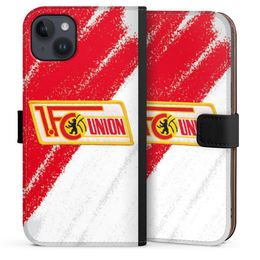 DeinDesign iPhone 14 Plus Handy Klapph&uuml;lle Handyh&uuml;lle aus Kunst Leder schwarz Flip Case 1. Fc Union Berlin Logo Official Licensed Product Sideflip mit langer 