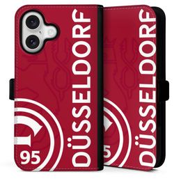 DeinDesign iPhone 16 Handy Klapph&uuml;lle Handyh&uuml;lle aus Kunst Leder schwarz Flip Case Lettering F95 Fortuna D&uuml;sseldorf Sideflip mit Lasche