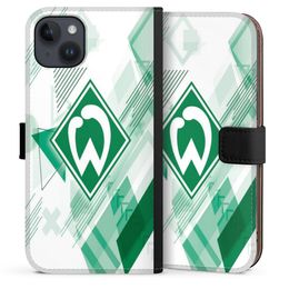 DeinDesign iPhone 14 Plus Handy Klapph&uuml;lle Handyh&uuml;lle aus Kunst Leder schwarz Flip Case Official Licensed Product Sv Werder Bremen Muster Sideflip mit langer 