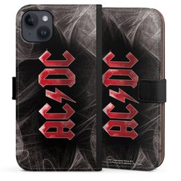 DeinDesign iPhone 14 Plus Handy Klapph&uuml;lle Handyh&uuml;lle aus Kunst Leder schwarz Flip Case Merchandise Acdc Logo Sideflip mit langer Lasche