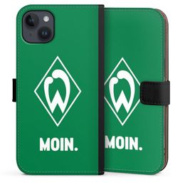DeinDesign iPhone 14 Plus Handy Klapph&uuml;lle Handyh&uuml;lle aus Kunst Leder schwarz Flip Case Moin Official Licensed Product Sv Werder Bremen Sideflip mit langer 