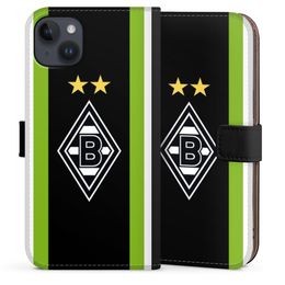 DeinDesign iPhone 14 Plus Handy Klapph&uuml;lle Handyh&uuml;lle aus Kunst Leder schwarz Flip Case Logo Gladbach Borussia M&ouml;nchengladbach Sideflip mit langer Lasche