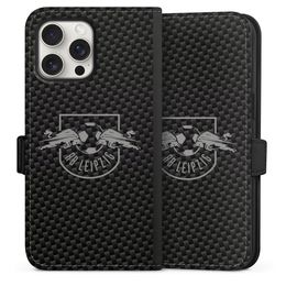 DeinDesign iPhone 15 Pro Max Handy Klapph&uuml;lle Handyh&uuml;lle aus Kunst Leder schwarz Flip Case Rb Leipzig Carbon Metallic Look Sideflip mit Lasche