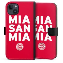 DeinDesign iPhone 14 Plus Handy Klapph&uuml;lle Handyh&uuml;lle aus Kunst Leder schwarz Flip Case Fcb Mia San Mia Fc Bayern M&uuml;nchen Sideflip mit langer Lasche