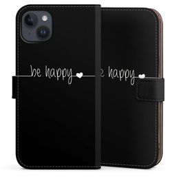 DeinDesign iPhone 14 Plus Handy Klapph&uuml;lle Handyh&uuml;lle aus Kunst Leder schwarz Flip Case Happiness Statement Sayings Sideflip mit langer Lasche