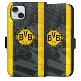 DeinDesign iPhone 15 Handy Klapph&uuml;lle Handyh&uuml;lle aus Kunst Leder schwarz Flip Case Bvb Borussia Dortmund Stadium Sideflip mit Lasche