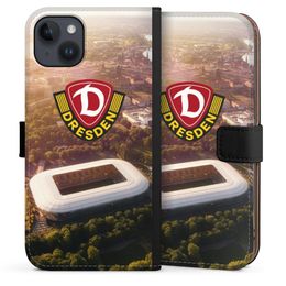 DeinDesign iPhone 14 Plus Handy Klapph&uuml;lle Handyh&uuml;lle aus Kunst Leder schwarz Flip Case Sgd Sg Dynamo Dresden Stadium Sideflip mit langer Lasche