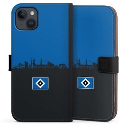 DeinDesign iPhone 14 Plus Handy Klapph&uuml;lle Handyh&uuml;lle aus Kunst Leder schwarz Flip Case Hsv Skyline Hamburg Sideflip mit langer Lasche