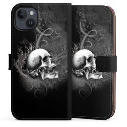 DeinDesign iPhone 14 Plus Handy Klapph&uuml;lle Handyh&uuml;lle aus Kunst Leder schwarz Flip Case Gothic Skull Skulls Sideflip mit langer Lasche