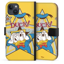 DeinDesign iPhone 14 Plus Handy Klapph&uuml;lle Handyh&uuml;lle aus Kunst Leder schwarz Flip Case Donald Duck Disney Official Licensed Product Sideflip mit langer Lasche