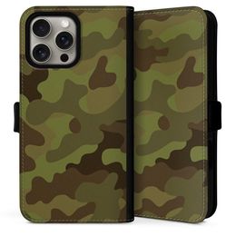 DeinDesign iPhone 16 Pro Handy Klapph&uuml;lle Handyh&uuml;lle aus Kunst Leder schwarz Flip Case Camouflage Tarnmuster Army Sideflip mit Lasche